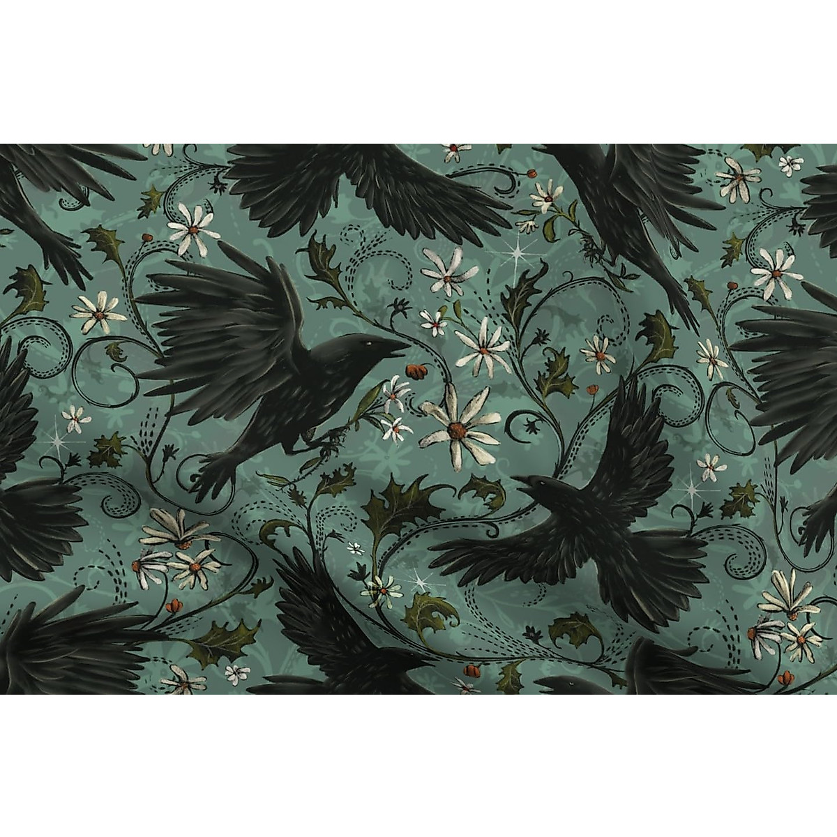 Spoonflower Fabric - Gothic Ravens Autumn Floral Halloween Bohemian Magic Dark Moody Corvid Printed on Denim Fabric by The Yard - Bottomweight Apparel Home Decor Upholstery