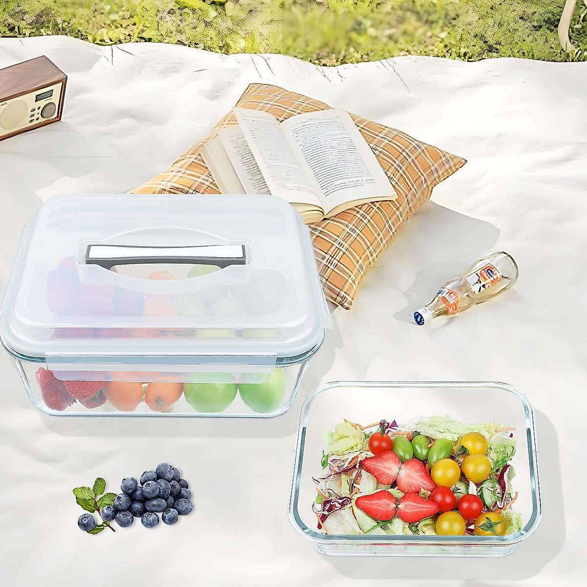 KOMUEE 9 Packs Glass Meal Prep Containers 1&2&3 Compartments,Glass Food Storage Containers with Airtight Lids，Glass Lunch Containers,Glass Bento Boxes,BPA Free,Gray