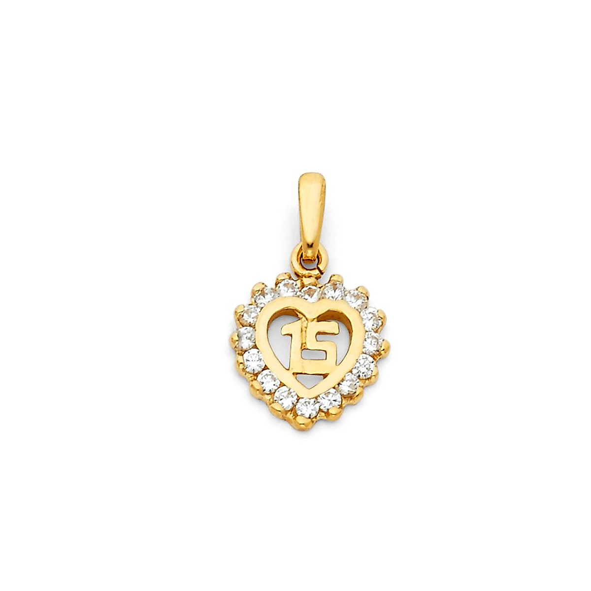 Ioka 14K Yellow Gold Sweet 15 Years Quinceanera Heart Cubic Zirconia CZ Charm Pendant with 1.2mm Figaro 3+1 Chain Necklace - 20"