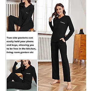 difficort Womens Pajama Sets Long Sleeve Soft Casual Sleep Loungewear Sleepwear with Pockets,Black,Medium