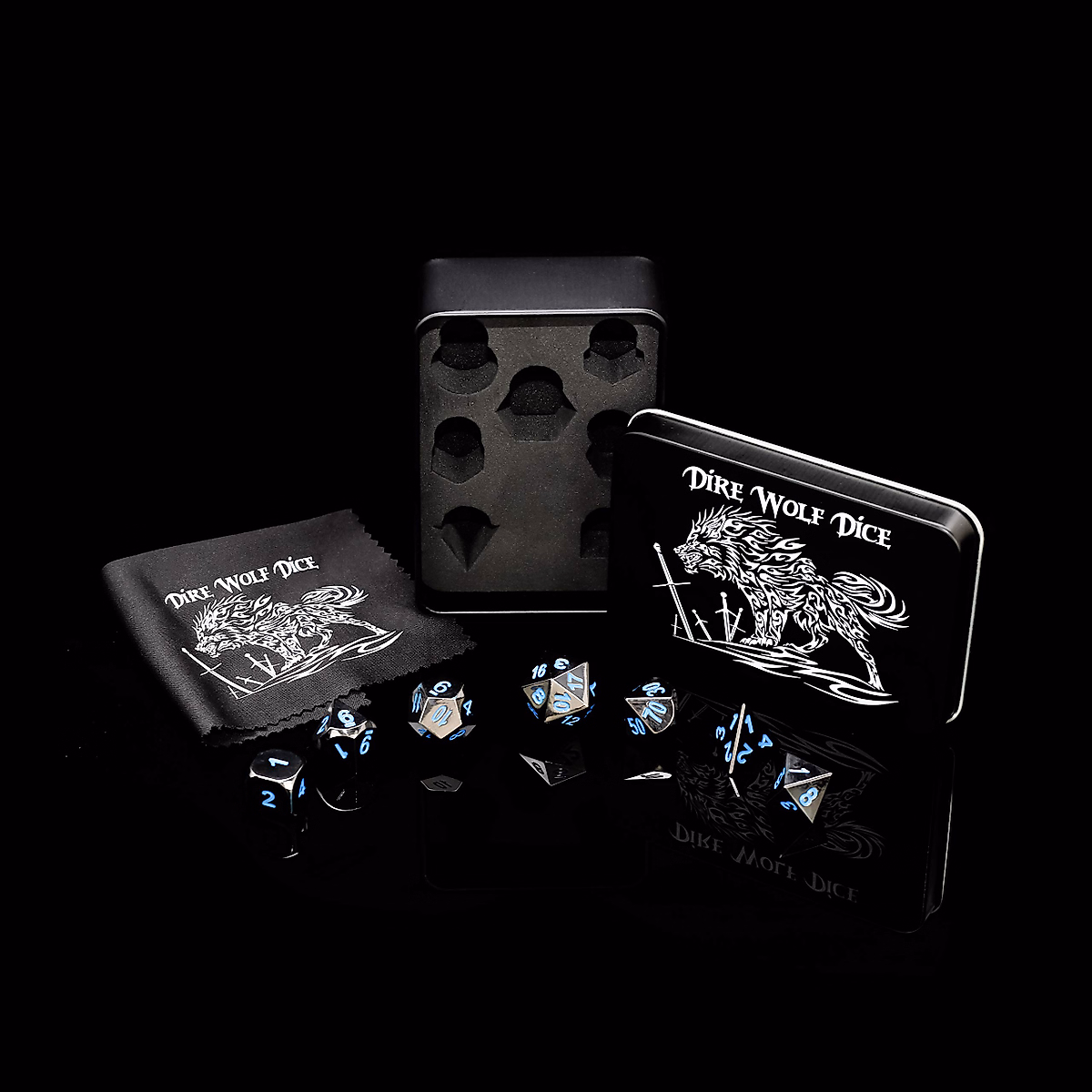 Dice Tin and Polishing Cloth / Dice Mat for Metal Polyhedral DND Dice Set (Dire Wolf), Gift Case for Role Playing RPG Like Dungeons and Dragons D&D, Pathfinder, Magic The Gathering MTG Games Sets