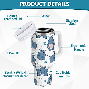 Wfrish Cute Blue Hippos Tumbler with Handle and Straw Lid, 40 oz Insulated Coffee Cup Stainless Steel Water Bottle Travel Mug Cupholder Friendly,Gifts for Women Men