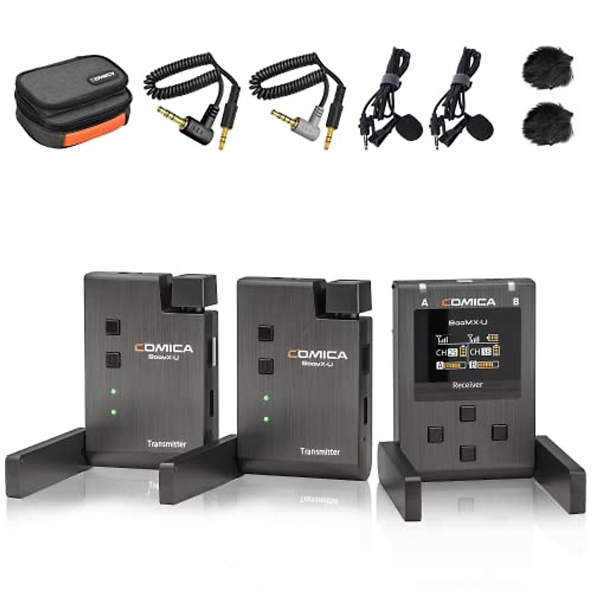 COMICA BoomX-U2 UHF Wireless Lavalier Microphone System with Dual-Channel Recording, Noise Reduction, 394' Range, Screen Flip, Lav Mic for Camera Smartphone Podcast Interview YouTube Facebook Live