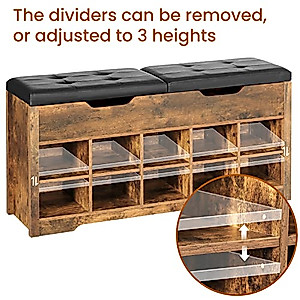Hasuit Shoes Bench, Entryway Bench with Storage, Shoe Rack with 2 Lift Top Storage Boxes and 10 Compartments, Shoes Organizer for Entryway, Bedroom, Length 41.3‘’(Accent Brown)