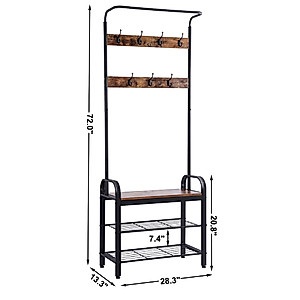 Sunnyglade Vintage Coat Rack Shoe Bench, Hall Tree Entryway Storage Shelf, Wood Look Accent Furniture Metal Frame, 3 in 1 Design, Easy Assembly