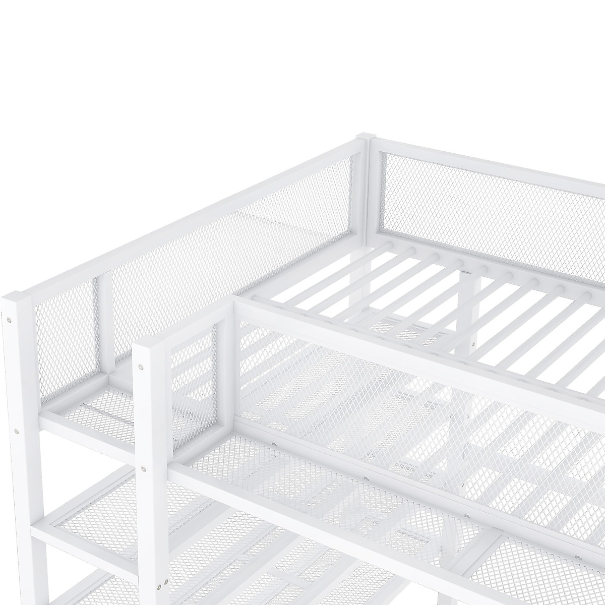 Bellemave Full Size Loft Bed with 4-Tier Shelves and Storage, Metal Loft Bed with Bookshelf, Full Size Loft Bed with Storage Stairs(White)