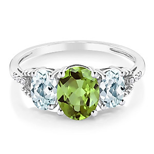 Gem Stone King 10K White Gold Oval Green Peridot Sky Blue Aquamarine & Diamond Accent 3 Stone Engagement Ring | 2.24 Cttw | 3 Stone Wedding Anniversary Promise Ring For Women (Size 7)