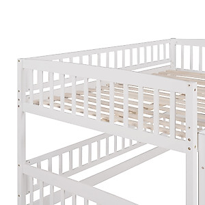 DreamBuck Full Over Full Bunk Bed with Convertible Slide and Ladder, Wood Low Bunk Bed with Fence for Toddler/Kids/Teens, Floor Bunk Bed for Boys/Girls, Space Saving, Easy Assembly, White