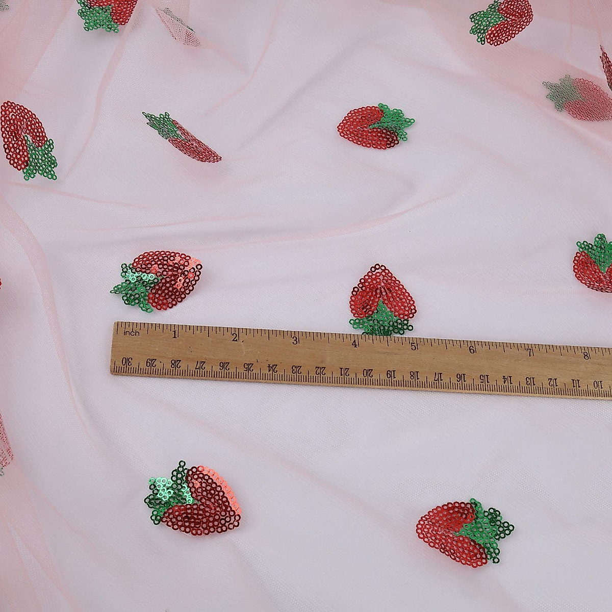 Lovely Sequins Embroidered Strawberry Net Fabric Lightweight Tulle Netting for Sewing Dresses - 60 inches Wide, 2 Yards Precut - Pink