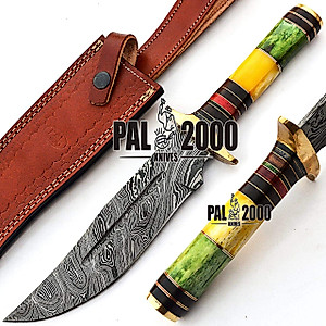 PAL 2000 KNIVES HUN-9314 Custom Handmade Damascus Steel Knife Colored Camel Bone Handle