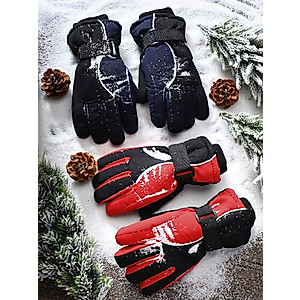 2 Pairs Kids Winter Ski Gloves, Waterproof Windproof Warm Gloves Cold Winter Gloves Unisex Warm Gloves for Boy Girl Skiing (Black, Red,4-6 Years)