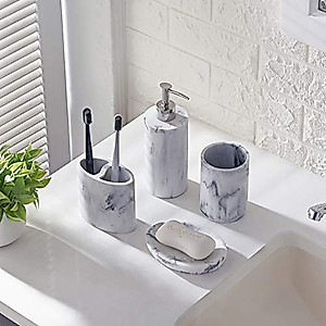 ZCCZ Bathroom Accessory Set, 4 Pcs Marble Look Bathroom Vanity Countertop Accessory Set Bathroom Décor Sets Accessories with Soap Dispenser Bathroom Toothbrush Holder Set, Bathroom Tumbler, Soap Dish