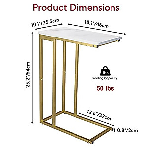 Yusong C Shaped End Table, Couch Side Table That Slide Under Sofa Bed, Small Table for Small Spaces, Skinny Overbed Table, Coffee Drink Laptop Snack Table for Living Room, Gold and Marble White