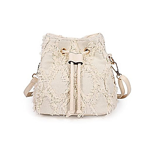 JBB Bucket Bags for Women Mini Crossbody Purse Denim Fringe Hobo Shoulder Handbag Drawstring Tote Bag White