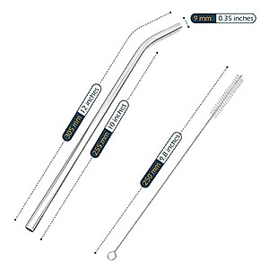 GFDesign Big Drinking Straws Reusable 12 Inches Extra Long 9mm Extra Wide SUS 304 Food-Grade 18/8 Stainless Steel - Set of 4 with 2 Cleaning Brushes - Bent