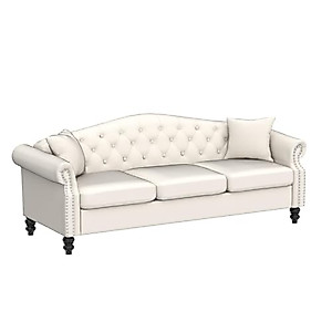 79" Velvet Chesterfield Sofa for Living Room,3 Seater Sofa Button Tufted Nailhead Trimming Curved Backrest Rolled Arms with Wood Legs with 2 Pillows,Bedroom,Office (Beige Velvet, 79*30*32")