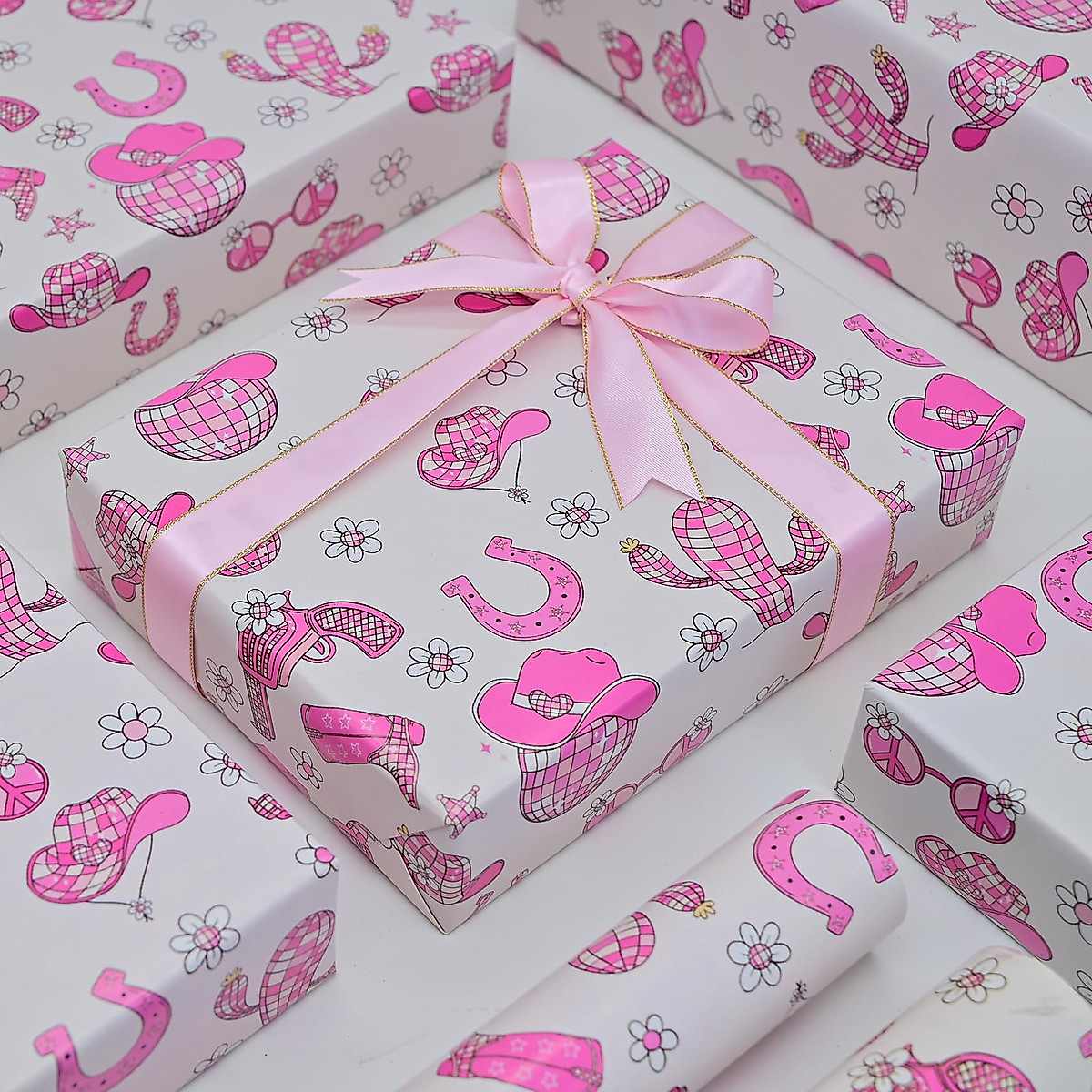 Vnaaem Western Cowgirl Wrapping Paper 6 Pcs Pink Disco Cactus Cow Boots and Hat Patterns for Girls Music Fans Women Birthday Baby Shower Party DIY Crafts Gift Packing 19.6 X 27.8 Inch