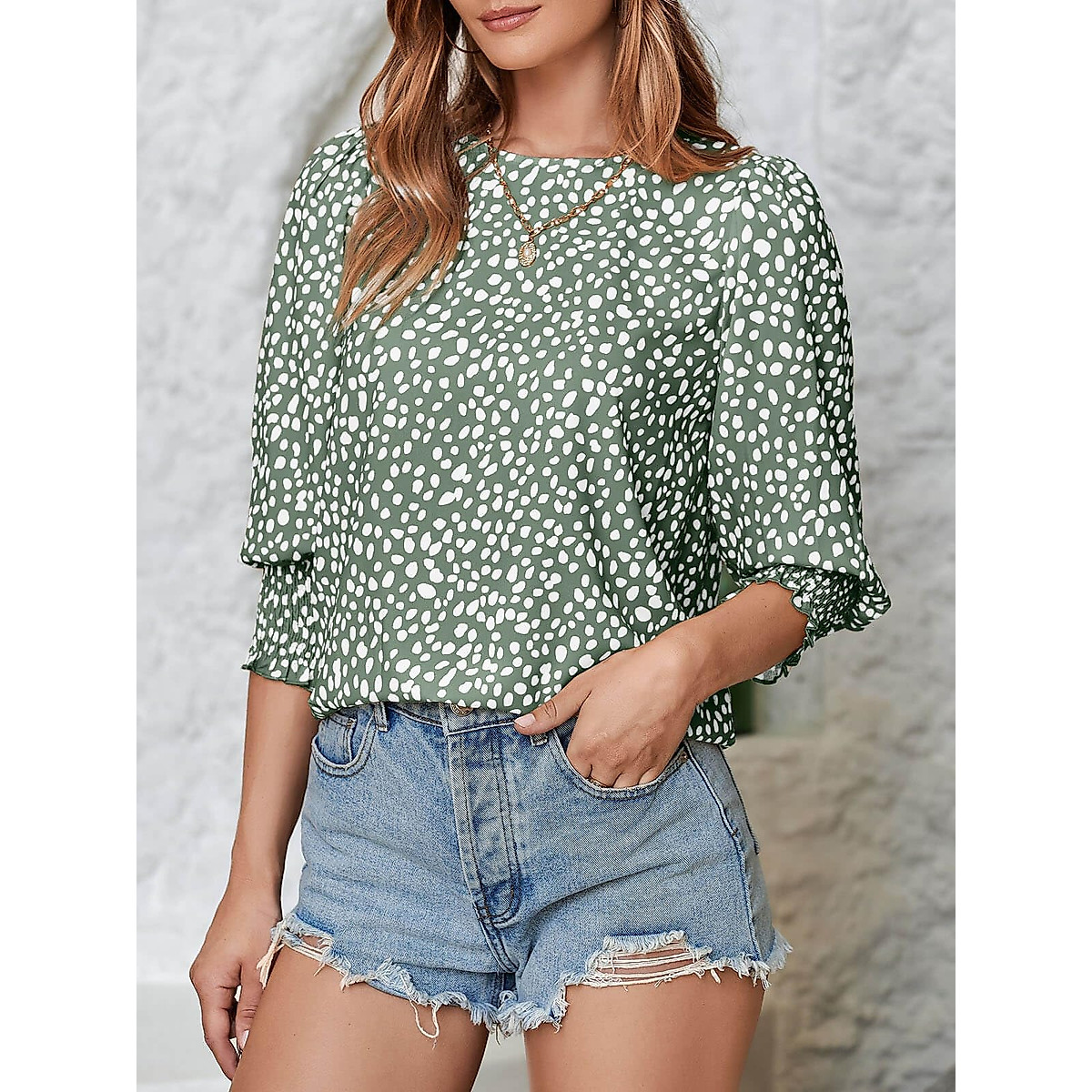 Teurkia Women's Casual Crewneck Tops 3/4 Sleeve Blouses Loose T Shirts Army Green