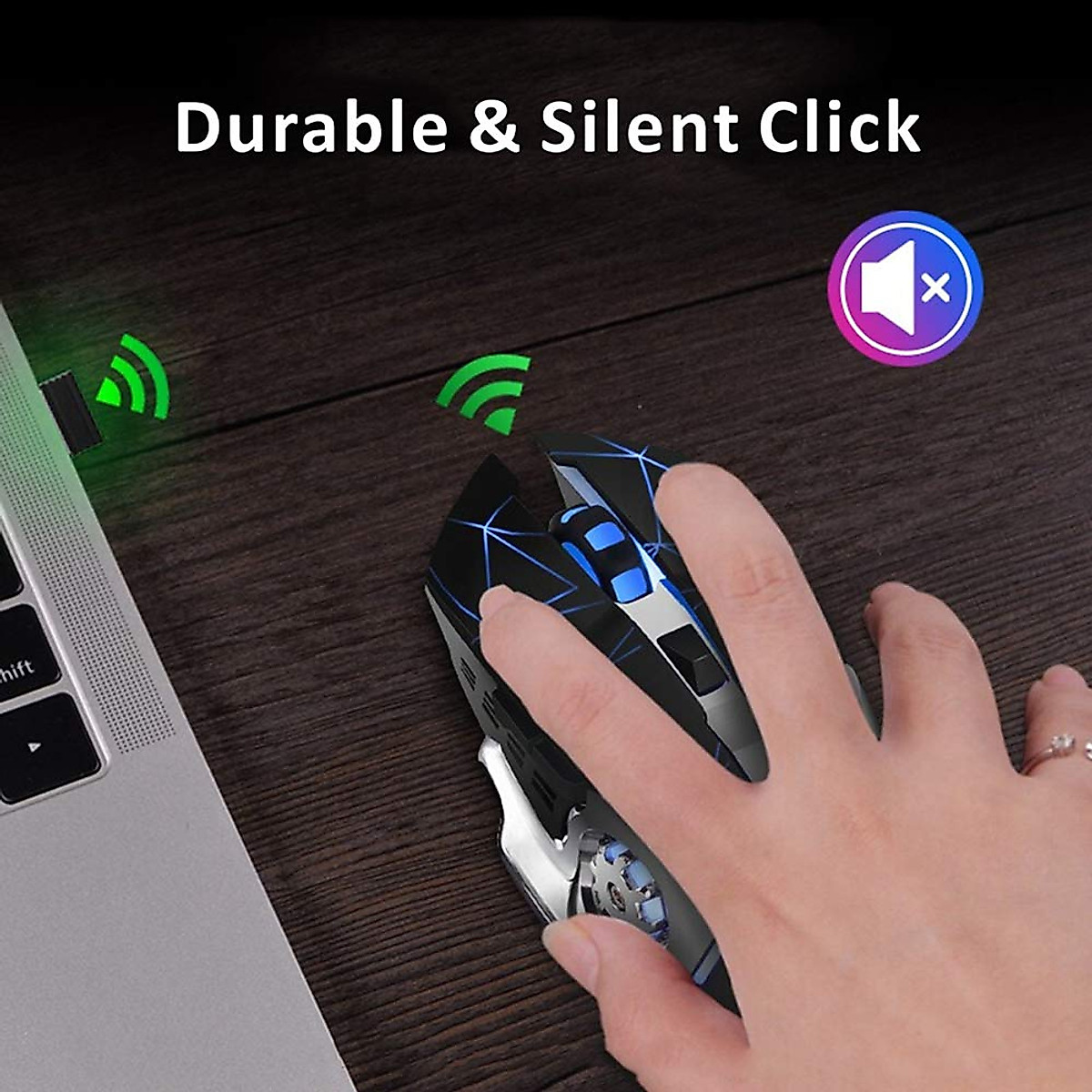 Uciefy Q85 Rechargeable Wireless Gaming Mouse, 2.4G LED Optical Silent Wireless Computer Mouse with 4 LED Light, 3 Adjustable DPI, Ergonomic Design, Auto Sleeping (Starry Black)