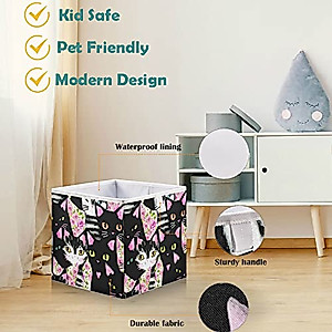 visesunny Rectangular Shelf Basket Black Cat Floral Clothing Storage Bins Closet Bin with Handles Foldable Rectangle Storage Baskets Fabric Containers Boxes for Clothes,Books,Toys,Shelves,Gifts