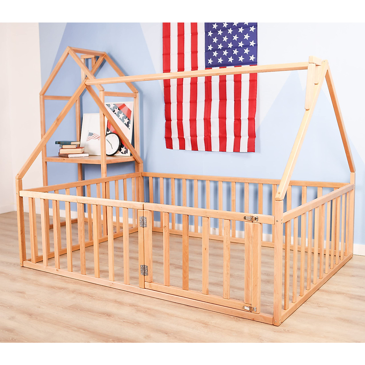 BUSYWOOD House Wooden Playpen - Montessori Floor Bed with Safe Gate - Toddler Bed - Floor Bed - Frame with Fence and Door - Toddler Bedroom Furniture - Full, Twin, Queen, King size (Model 6)