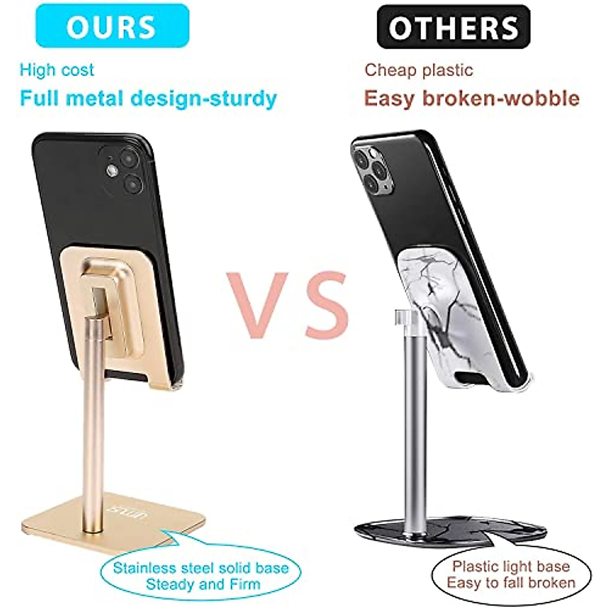Urmust Cell Phone Stand Angle Adjustable Phone Stand for Desk Phone Holder for Office Tablet Stand Compatible for iPhone 15 14 13 12 11 Pro Max X Xr 8 Plus 7 6(Light Gold)