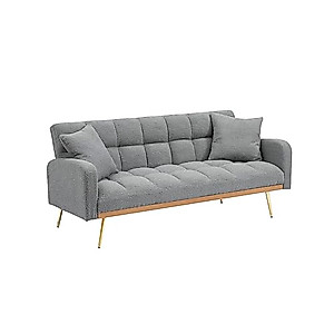 Verfur Teddy Fleece Upholstered Modern Convertible Futon Adjustable Folding Sofa Bed, Recliner Sleeper Loveseat Couch with Metal Golden Legs and Throw Pillows for Living Room, Office,Bedroom