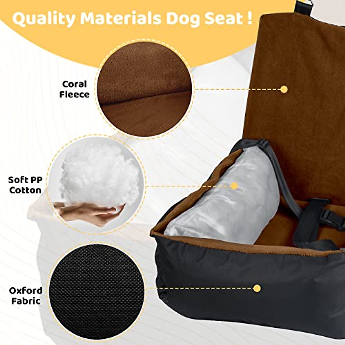 IFurffy Dog Car Seat, Pet Car Seat with Storage Pockets and Clip-On Safety Leash, Washable Coral Fleece Dog Booster Seat for Small Medium Dogs, Small Dog Car Seat for Travel Dog Car Bed (Brown)