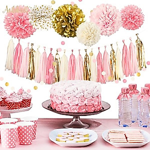 AOBKIAT Baby Shower Birthday Party Decorations for Girl,28 PCS Pink Gold Tissue Paper Pom Poms,Dots Paper Garland,Tassel Galand,Hanging Backdrop for Bridal Showers,Wedding Party Supplies