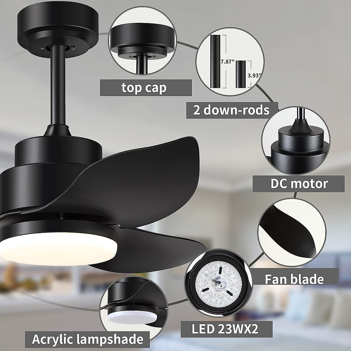 Surtime Modern Black Ceiling Fans with Lights and Remote, Indoor Outdoor Ceiling Fan for Patios,Living Room, Bedroom Etc 38" (with Lighting Memory Function)