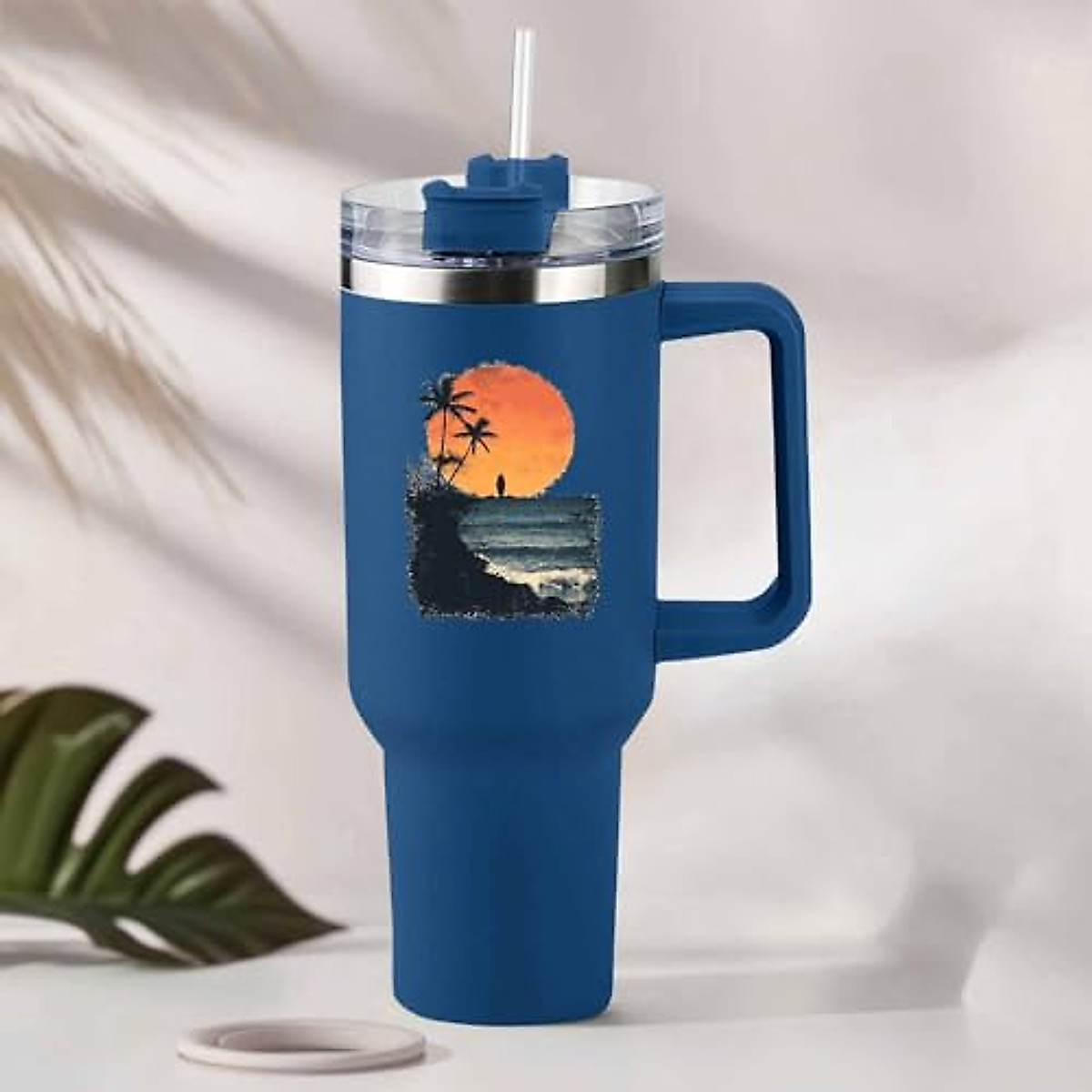 LB LEOBON 40 ounce insulated cup with handle, double-layer vacuum stainless steel material, equipped with straw, can keep warm or maintain cold drinks Neone Poppe Sunset 2 Cowboy Blue
