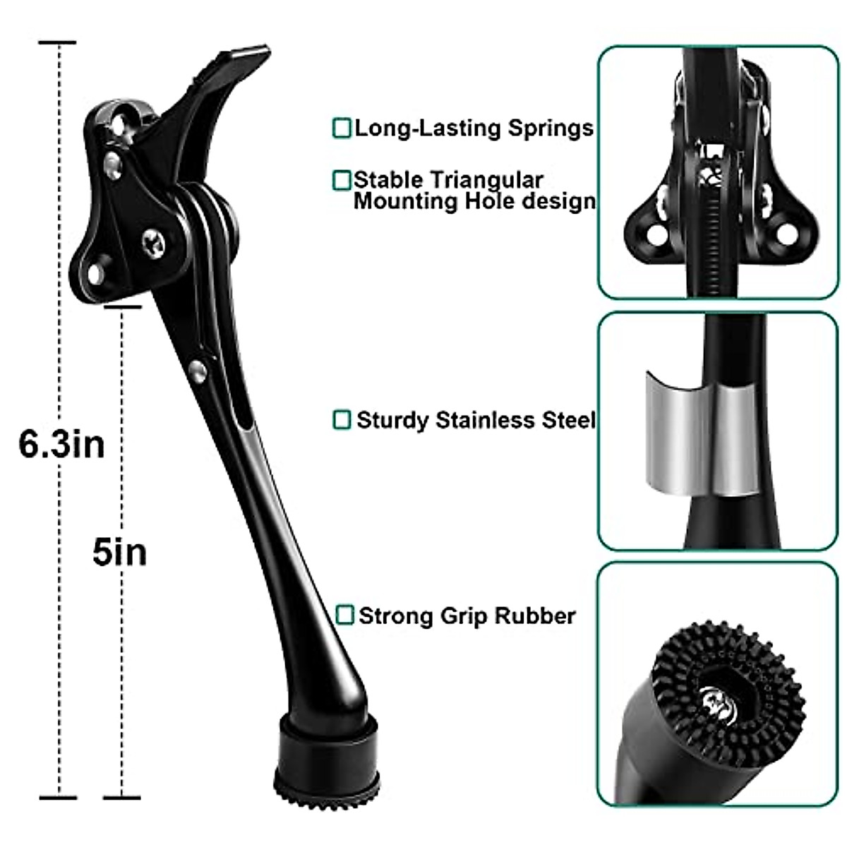 Door Stoppers, (2 Pack) 6 Inch Kickdown Door Stop for Bottom of Door, Non-Slip Rubber, Heavy Duty Metal Door Holder Adjustable Door Stops Door Mounted Hold Door Open, Easy Install, Black