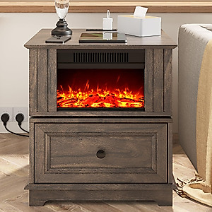 REDAYFUR Rotating End Table with 13" Electric Fireplace Screens, Side Table with Fast Charging Station, 1400W Fireplace End Table with Storage, Wooden Side Table for Living Room, Bedroom, Office