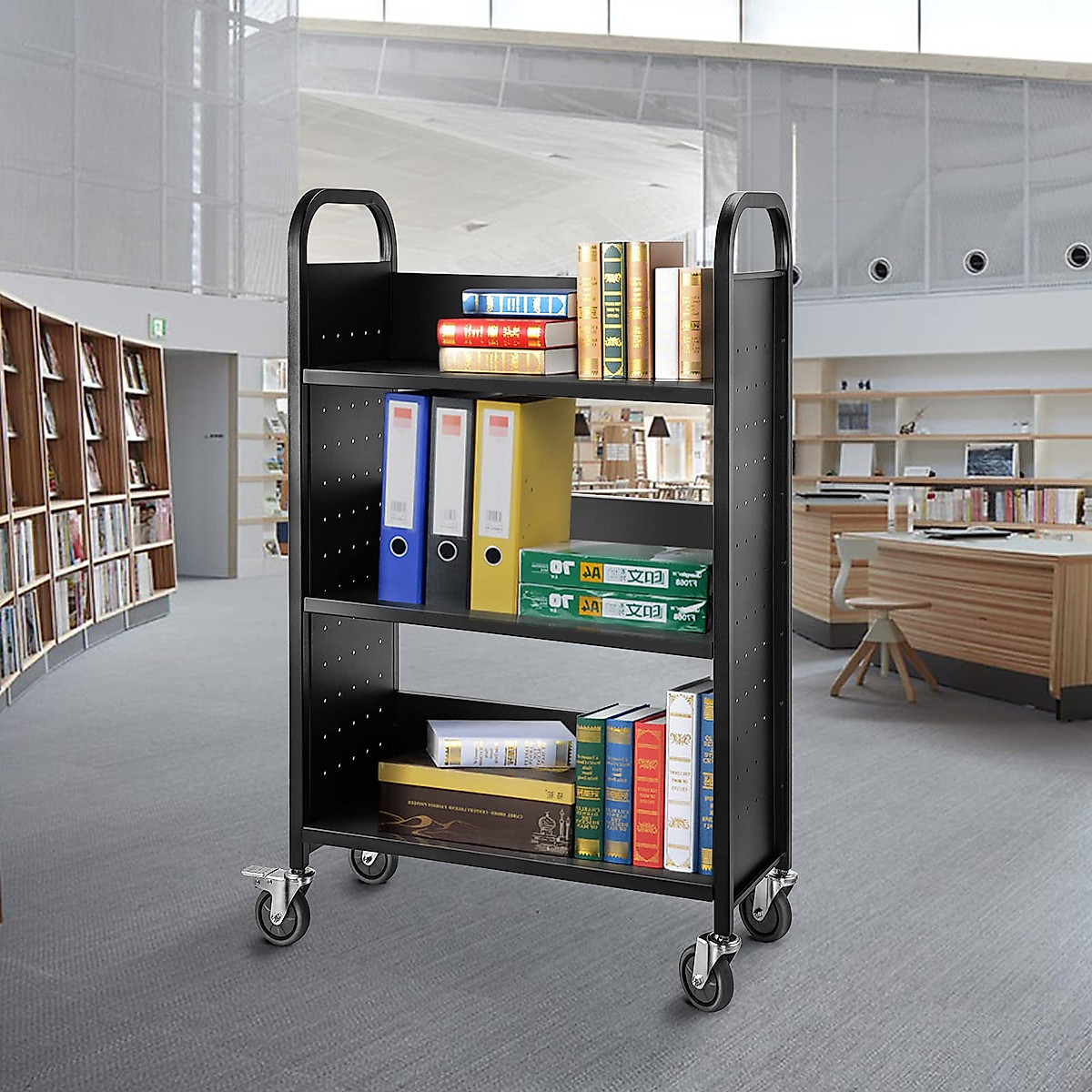 BestEquip Book Cart, 200LBS Library Cart, 49.2''x29.5''x13.8'' Rolling Book Cart, Single Sided L-Shaped Flat Shelves with Lockable Wheels for Home Shelves Office School Book Truck Black