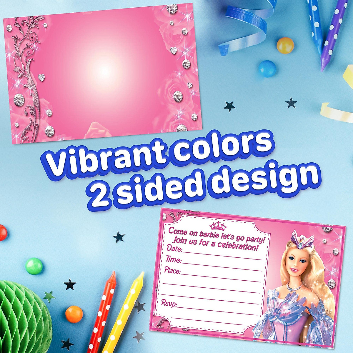 Set of 40 Fashion Doll Girl Pink-Themed Happy Birthday Invitation Cards & Envelopes - Lightweight (240g), Postcard Style Invites for the Perfect Party Pack