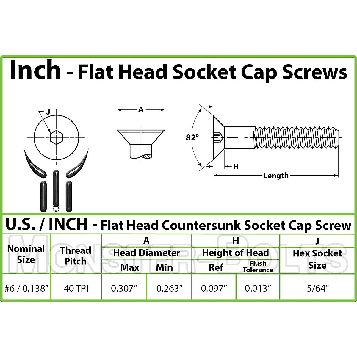 MonsterBolts - #6-40 x 3/8" Flat Head Socket Cap Screws, ASTM F8356, Alloy Steel, Black Oxide, 10 Pack