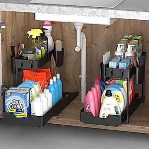 UWBGRT 2-Tier Under Sink Organizers and Storage 𝟐 Pack Sliding L-Shape Bathroom Kitchen Cabinet Organizers with Hooks,Hanging Cups, Narrow Space Storage Multi-Purpose Sink Organizer