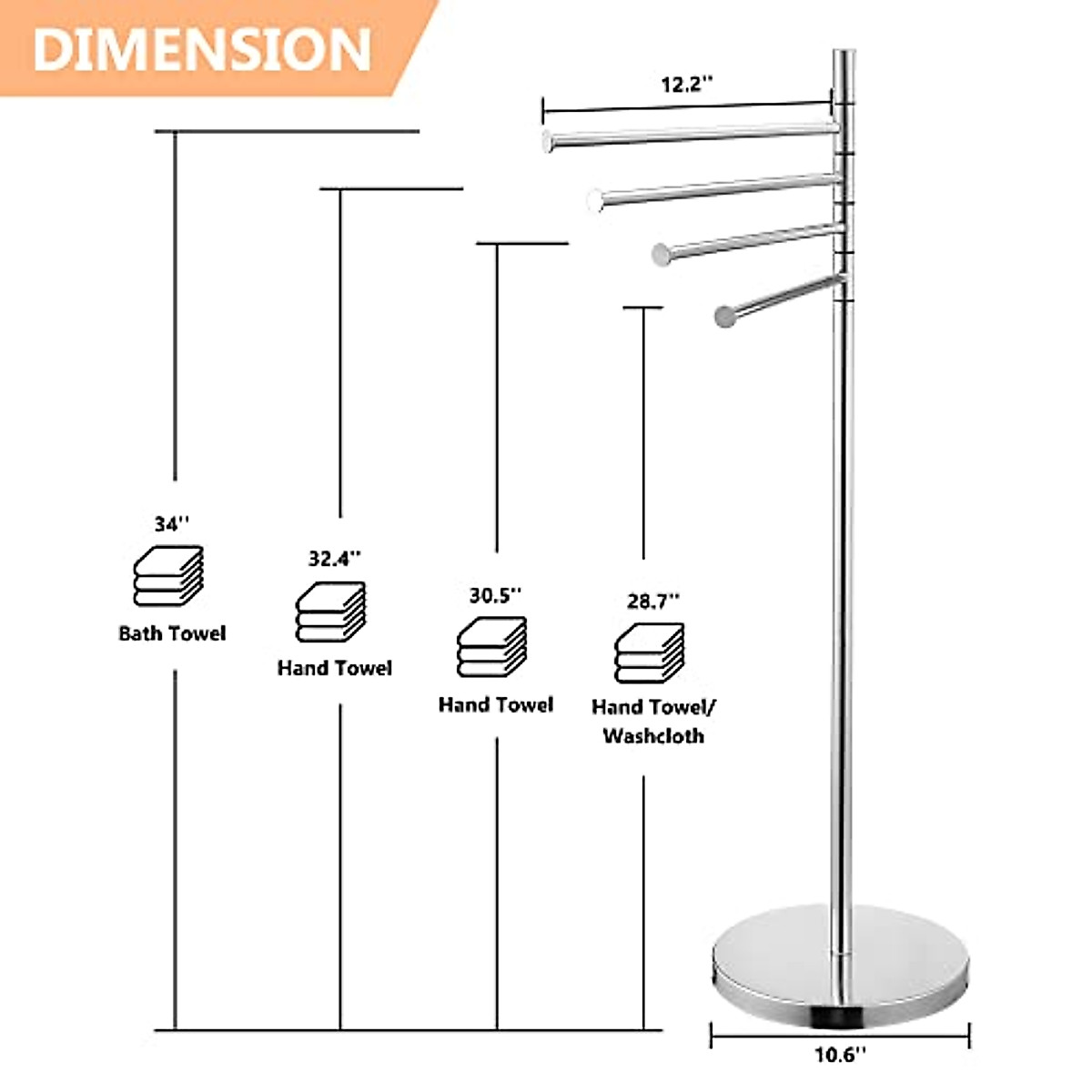 Towel Racks for Bathroom, Modern 4 Swivel Arm Standing Bathroom Towel Rack Stand with Heavy Base, Freestanding Bath Towel Bar Holder, Rustproof Stainless Steel, DECLUTTR