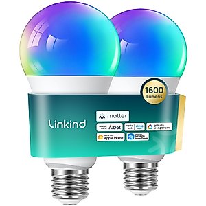 Linkind Matter Smart Light Bulb,1600LM 100W Smart Bulbs Work with Alexa/Apple Home/Google Home/SmartThings, RGBTW LED Color Changing Bulbs Music Sync, 2.4GHz Wi-Fi Light Bulbs LED 11W, A21 E26, 2Pack