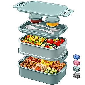 DaCool Lunch Box Adults Bento Box - 74 OZ All-in-One Stackable Lunch Box Containers for Adult Large Bento Box with Fork Spoon Sauce Boxes, Leakproof Lunchbox for Work School Dining Out, Morandi-Green