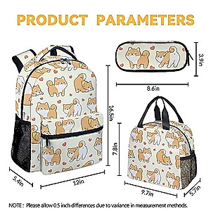 UNIKITTY Shiba Inu Backpack with LunchBox, Set of 3 School Backpacks Matching Combo, Cute Yellow Bookbag and Pencil Case Bundle