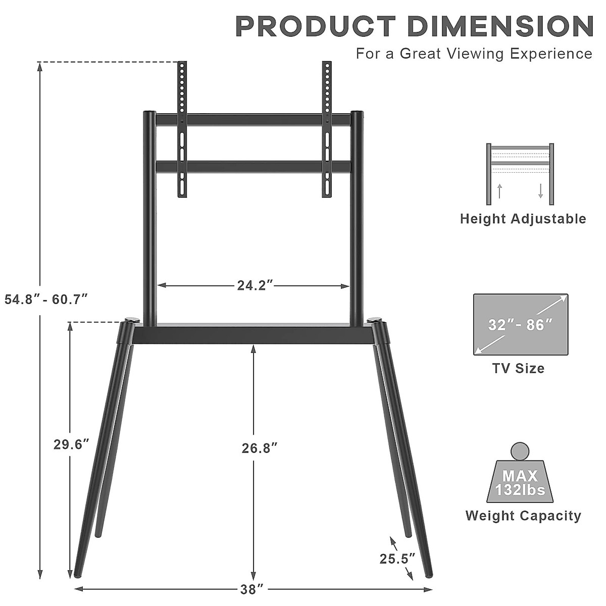 Artistic Easel TV Stand for 32-86 inch LCD LED Flat Curved Screens TVs up to 132 lbs, Studio TV Display Stand with Height Adjustable, TV Stand with 4 Legs, Max VESA 660x400mm, Hide Your Wires, Black