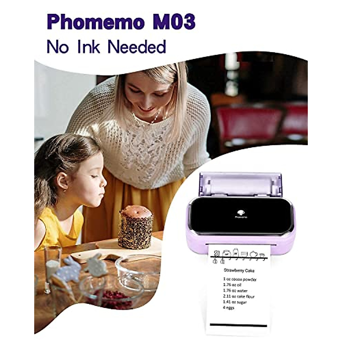 Phomemo M03 Pocket Printer- Portable Printer Photo Printer with 3 Roll 3 Inch Black on White, 77mm x 3.5m, 3 Inch X 11.5 ft, Compatible with iOS + Android for Photos, Journalist, Work, Plan-(Purple)