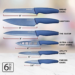 Nutriblade Knife Set with Block by Granitestone 6-Piece Professional Kitchen Chef’s Knives Ultra Sharp Stainless Steel Blades and Nonstick Granite Coating, Easy-Grip and Dishwasher-safe (Blue)