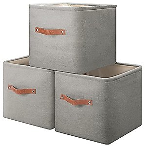 Free-standing Fabric Storage Cubes Baskets for Organizing, 13 Inch Cube Storage Bins with Dual Leather Handles, Collapsible Decorative Shelf Organizer Bins Baskets for Closet, Living Room, Laundry Nursery(3 Pack)