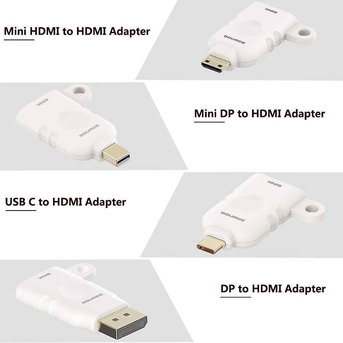 Universal HDMI Adapter Ring Kit with Security Loop-4K USB C, Displayport,Mini DP, Mini HDMI to HDMI Office Video Converter. Four Adapters with Key Security loop.Universal HDMI Adapter Kit, HDMI Ring