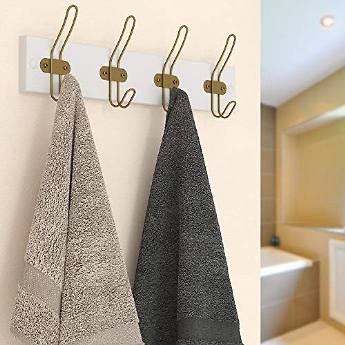 Tibres - Brushed Gold Wall Hooks for Hanging Coat Clothes and Towel - Brushed Gold Coat Hook Rack Door or Wall Mount - White Hanger with 4 Metal Matte Gold Hooks for Bathroom - Solid Wood