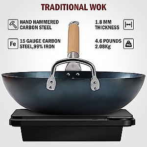 mMlpes Flat Bottom Wok Pan - 13.5" Pre-Seasoned Carbon Steel Wok No Chemical Coating Traditional Hand Hammered Woks & Stir-Fry Pans for Electric Induction Gas Cooktops Nonstick | Blue