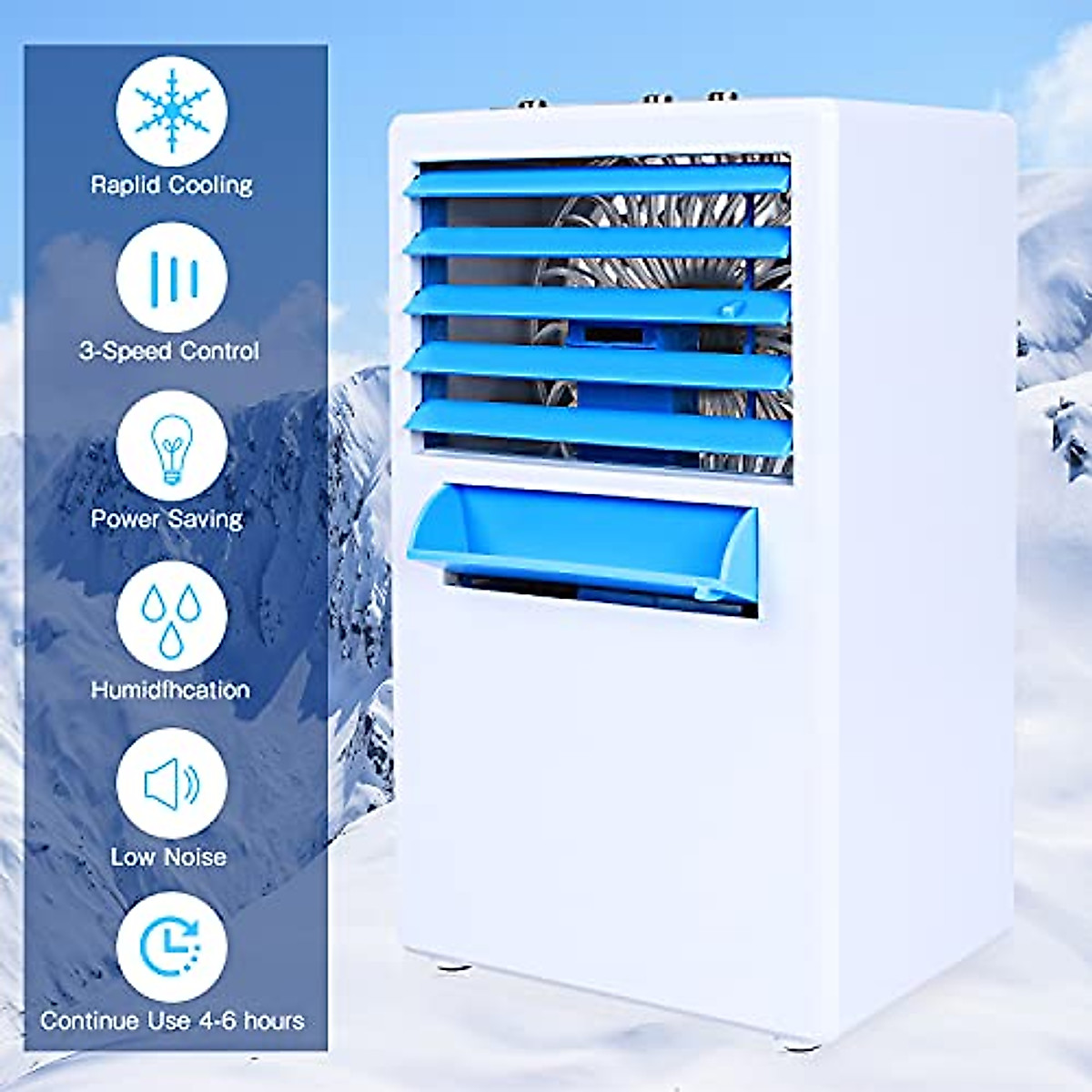 Portable Air Conditioner Fan, Mini Air Cooler Desk Fan with Icebox, 4-in-1 Evaporative Air Cooler with 3 Fan Speeds, Quiet Mini Air Conditioner for Home & Office, Portable Air Humidifier
