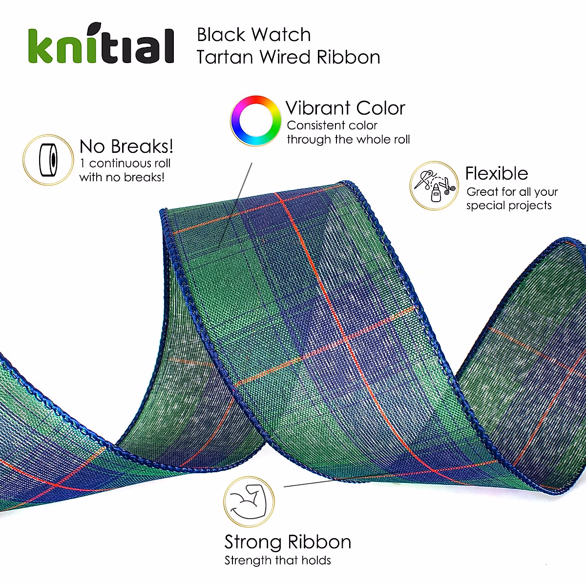 Knitial Tartan Plaid Ribbon 2-1/2" x 25 Yards Black Watch Ribbon with Wired Edges for Gift Wrapping, Crafts, and Decorations